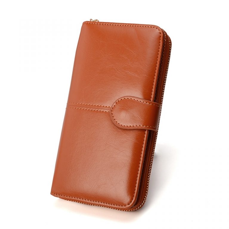 Genuine Leather Trifold Women’s Zipper Wallet with Wristband