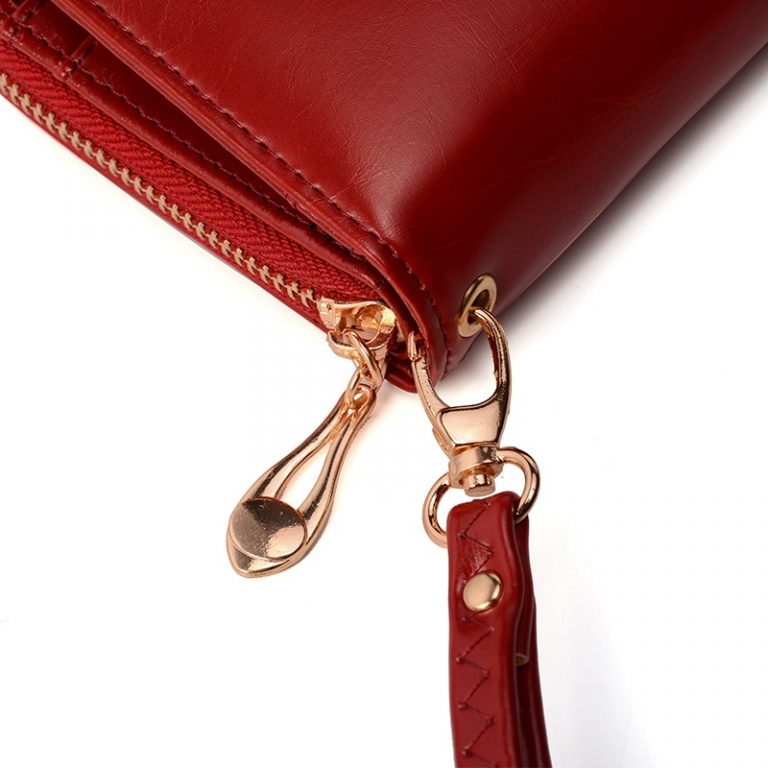 Genuine Leather Trifold Women’s Zipper Wallet with Wristband