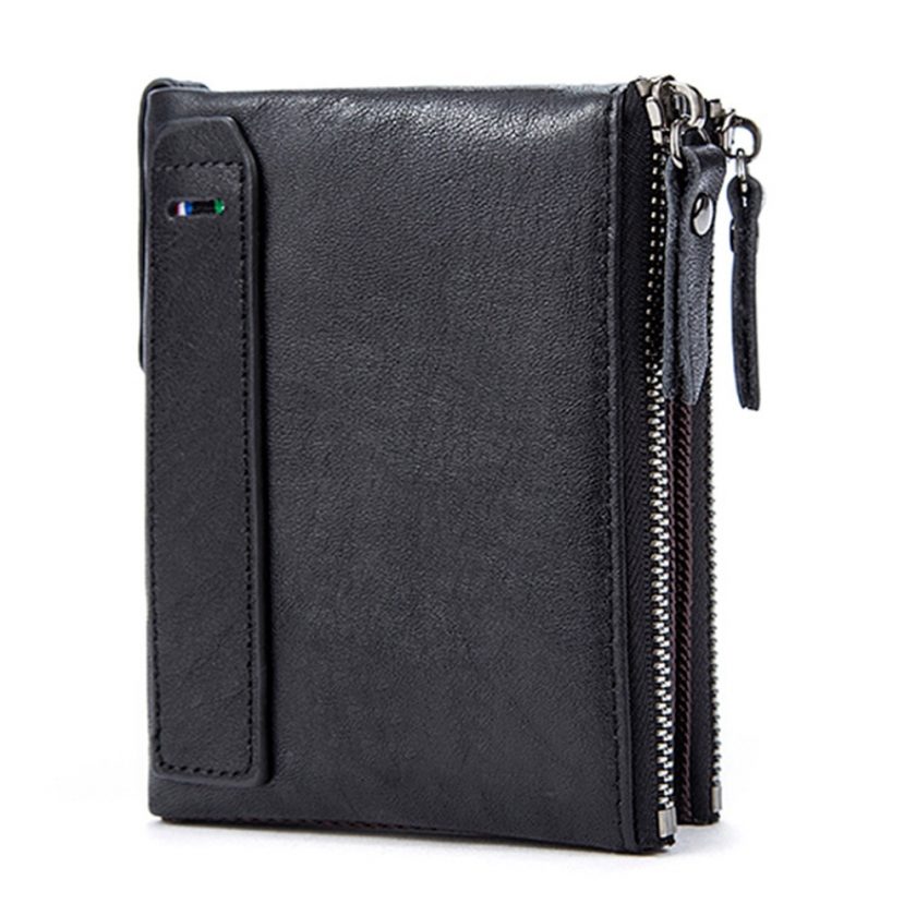 Genuine Cowhide Leather Men’s Double Zipper Wallets for Men