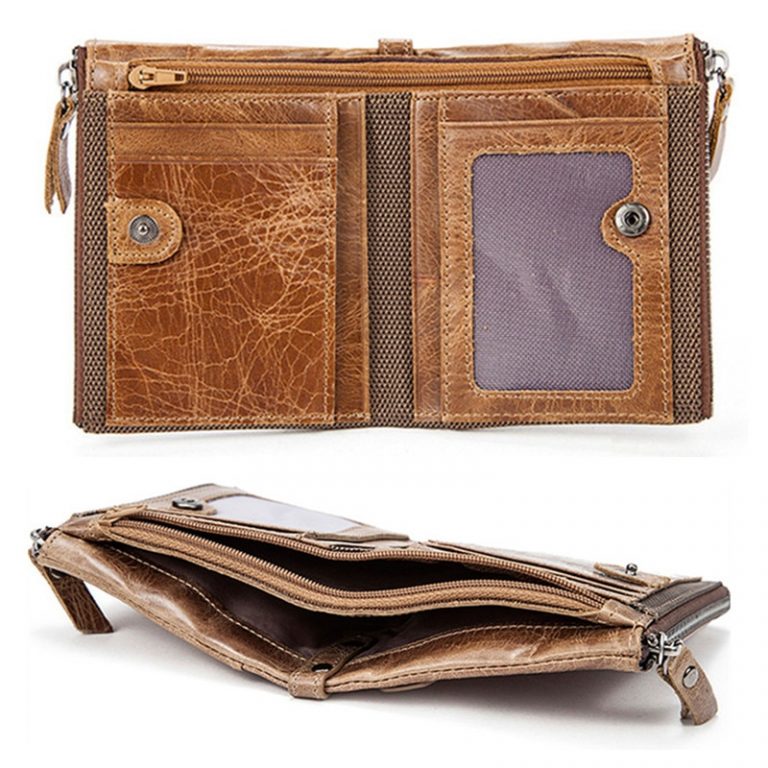 Genuine Cowhide Leather Men’s Double Zipper Wallets for Men
