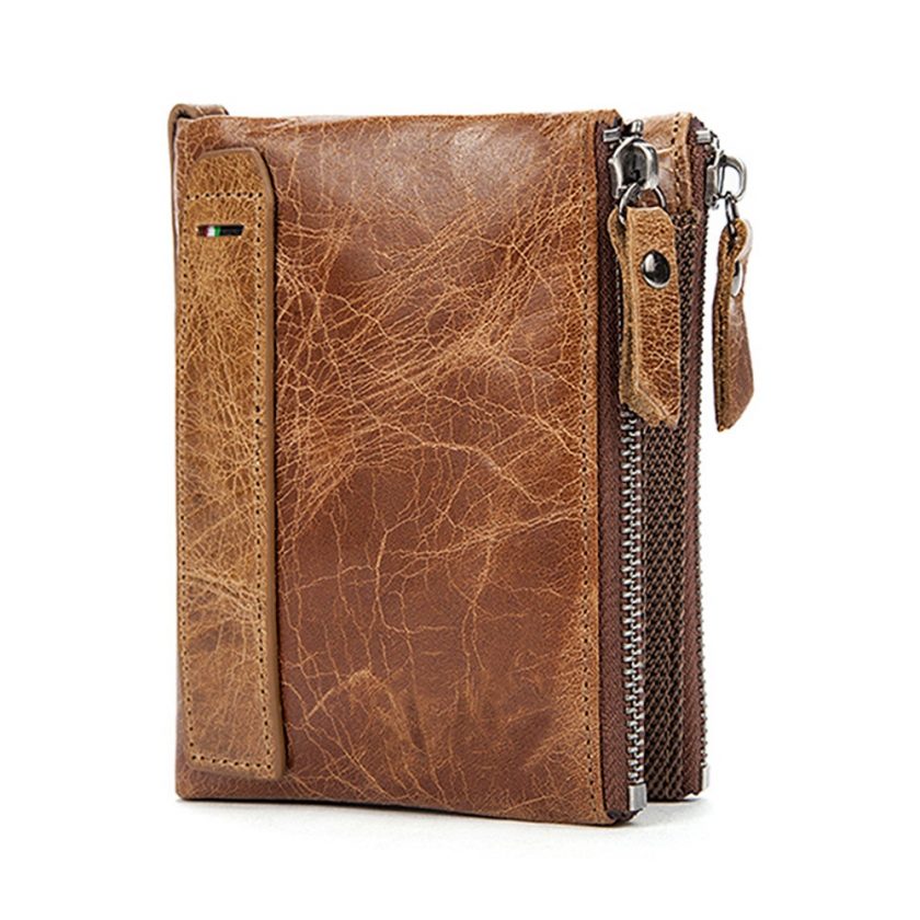 Genuine Cowhide Leather Men’s Double Zipper Wallets for Men