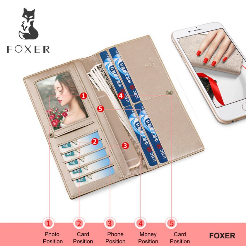 Foxer Split Leather Fashion Designer Long Cowhide Clutch Wallets