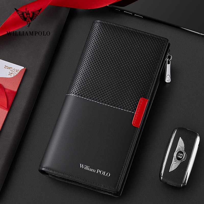 WilliamPolo Quality Large Capacity Cow Leather Zipper Wallets for Men